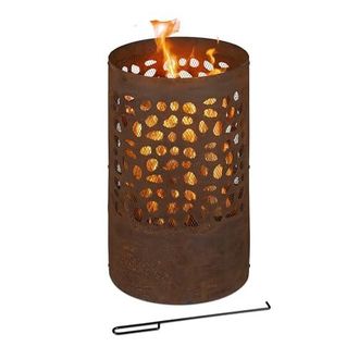 Relaxdays Feuertonne Rostoptik, Funkenschutz, Sch&uuml;rhaken & Feuerrost, Cortenstahl, HxD: 60 x 37 cm, Feuerkorb, braun