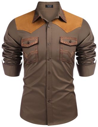 Coofandy Western-Cowboy-Hemd f&uuml;r Herren, bestickt, lang&auml;rmelig, schmale Passform, l&auml;ssig, Baumwolle, Button-Down-Hippie-Shirt, mit Taschen, Khaki, 4X-Gro&szlig;