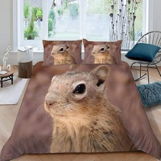 Generic Housse de Couette 240 x 260 &eacute;cureuils Imprim&eacute;e 3D Animaux Mignons Parure de Lit 2 Personnes Doux Microfibre Literie avec 2 Taies Doreillers 65x65 cm a