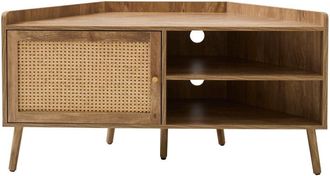 Calicosy TV-Eckschrank, 1 Rattant&uuml;r und 2 offene Nischen - F&uuml;&szlig;e aus Holz Dekor & goldfarbener Knopf - Kollektion Palmo - Wohnzimmer - L 120 x T 40 x H 60 cm