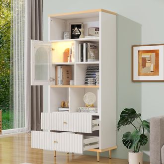 Merax Multifunktionales Bücherregal 78x36x180cm, MDF Regal mit Mehrschichtiger Aufbewahrung, Transparente Schranktür, 2 Schubladen, Fernbedienbare Farbwechs