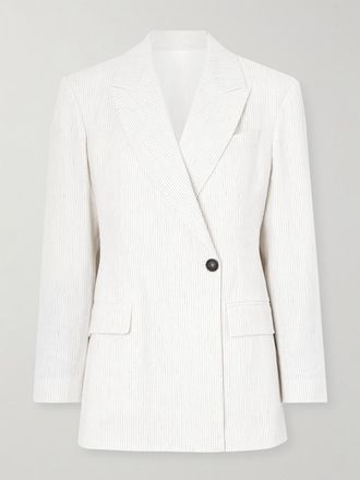 Brunello Cucinelli Blazer En Lin Mélangé À Fines Rayures - Blanc