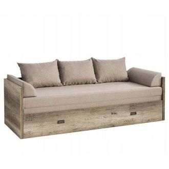 PEGANE Lit Canap&eacute; pliant 80-160x200 coloris Ch&ecirc;ne motif &eacute;criture avec matelas et 3 oreillers beiges - Longueur 202,5 x Largeur 79-154 x Profondeur 60,5 cm