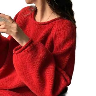 Generic QXDZSW Pull en laine &agrave; col rond pour femme Pull &eacute;pais Automne Hiver Mode Couleur unie V&ecirc;tements Tricot Top, Rouge, XL