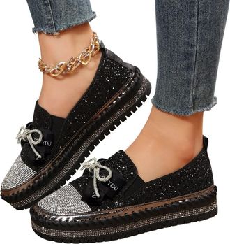 Minetom Damen Pailletten Canvas Slip-On Sneakers Weiche Wanderschuhe Flache Strass Glitzer Loafer Mit Gummisohle Freizeitschuhe B Schwarz 38 EU