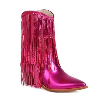 Generic Bottes de cowgirl &agrave; pompons m&eacute;talliques pour femme - Bout pointu - Talon &eacute;pais - Chaussures de f&ecirc;te dhiver, rose rouge, 37.5 EU