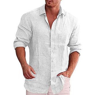 Generic Chemise en lin pour homme - Infroissable - Manches longues - En mousseline respirante - Coupe droite - Couleur unie - Revers - Chemise &agrave; manches longu
