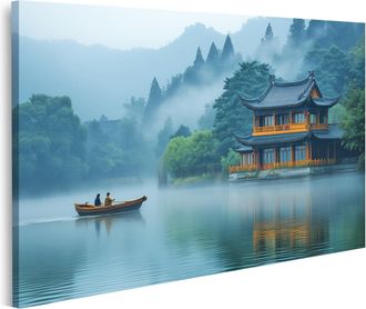 Islandburner Prime Bild auf Leinwand Nebeliger Morgen im chinesischen Tempel mit Boot Bilder Wandbilder Poster