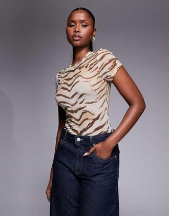 Good American Knapp geschnittenes T-Shirt aus Netzstoff mit braunem Tigermuster-Brown