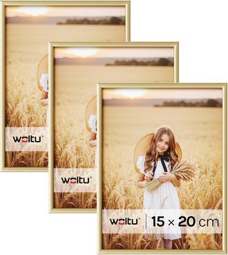 Woltu Bilderrahmen 15x20 cm, 3 Set, Fotorahmen Gold, Aluminium, mit Passepartout, zum vertikalen oder horizontalen Aufh&auml;ngen/Aufstellen, f&uuml;r Fotos, Bilder