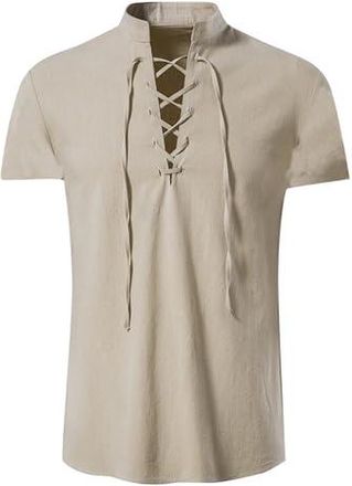 Generic Chemise &agrave; Manche Courte en Coton Lin pour Homme, Vintage M&eacute;di&eacute;vale V&ecirc;tements Viking Lacets Pirate Shirt R&eacute;tro Mode T-Shirts col en V