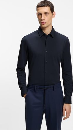 HUGO BOSS Businesshemd BOSS HANK, Herren, Gr. 39, N-Gr, dunkelblau404, Web, Obermaterial: 75% Baumwolle, 25% Polyester, unifarben, slim fit normal, Rundhals, 2-