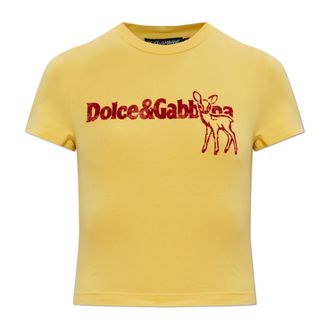 Dolce & Gabbana Femme, Tops, Jaune, Taille: 32 FR T-Shirt avec Logo Velours