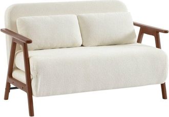 Sweeek Sweeek - Banquette canapé convertible 2 places bois dhévéa teinté noyer clair et bouclette texturée l 133 x p 81 x 84cm - Sven en Bouclette texturée
