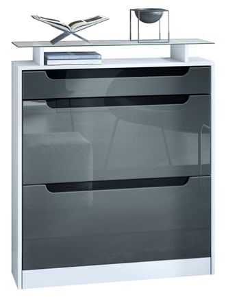Vladon Schuhschrank Fiesta, Wei&szlig; matt/Grau Hochglanz/Schwarz Hochglanz Schuhkipper f&uuml;r 16 Paar Schuhe mit 2 Klappen (89 x 104 x 23 cm)
