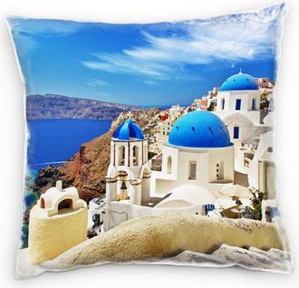 Paul Sinus Art City, weiß, blau, braun, Santorini, Griechenland Deko Kissen 40x40cm für Couch Sofa Lounge Zierkissen - Dekoration zum Wohlfühlen