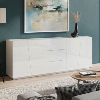 Dmora Kommode Sven, K&uuml;chen-Sideboard mit 4 T&uuml;ren und 3 Schubladen, Wohnzimmer-Buffet, 100 % Made in Italy, 220 x 43 x 86 cm, gl&auml;nzendes Wei&szlig;