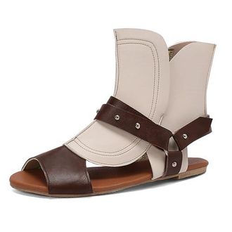 Generic Eestfy Bottes Sandales Gladiateur Femme Plat Peep Toe Cuir Deux Tons Bottines de Cheville Sandales Vintage Flats d&Eacute;t&eacute; avec Fermeture &Eacute;clair Lat&eacute;rale T