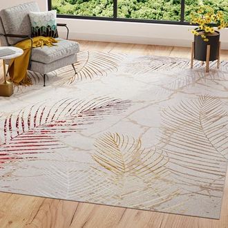 Tapiso Golden Tapis Salon Poils Courts Brillant Moderne Cr&egrave;me Or Rouge Beige Mouchet&eacute; Feuille de Palmier Tapis Chambre Adulte Salle &agrave; Manger Oeko-TEX R&eacute;sista