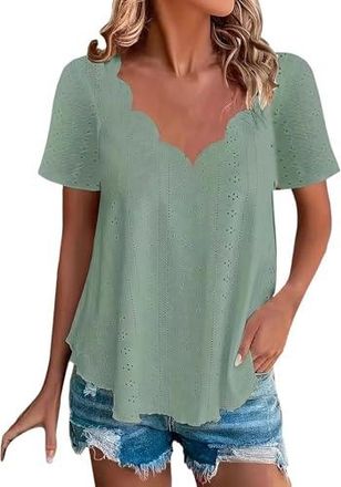 Generic T-shirt dété à col en V pour femme - Manches courtes - OEillets - Tunique décontractée - Coupe ample, Z01-Vert sauge, XXL