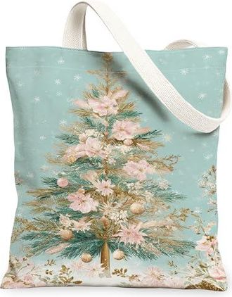 Generic Sacs fourre-tout en toile motif floral darbre de No&euml;l, sacs d&eacute;picerie r&eacute;utilisables, l&eacute;gers et lavables avec bandouli&egrave;re Ca, bleu, 13x15 Inch