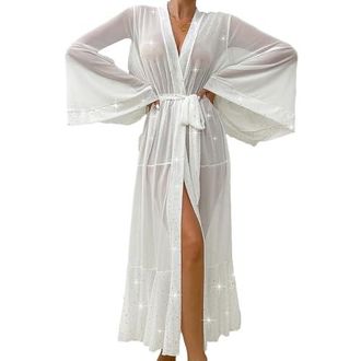 Generic Peignoir Femme Longue en Tulle Transparent à Manches Longues, Cardigan Col V, Ceinture, Robe de Nuit Élégante Légère