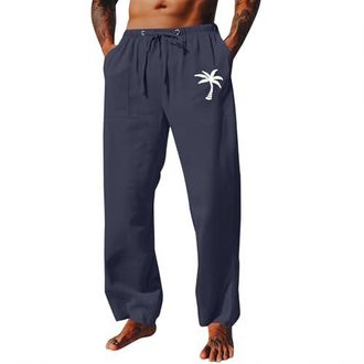 Generic Pantalon de plage en lin pour homme - Imprim&eacute; cocotier - Coupe ample - Pantalon hawa&iuml;en - Jambe droite - Pantalon de vacances - Taille &eacute;lastique - Pan