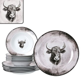 MamboCat Toro 12tlg Tafelservice I wei&szlig;-rosa Porzellan Geschirr mit Kuh Motiv f&uuml;r 6 Personen I 6x Suppenteller 200ml & 6x Speiseteller f&uuml;r Fr&uuml;hst&uuml;ck, Mittag & 