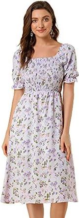 Allegra K Femmes Robe Mi-Longue Fleurs Smocks Encolure Carrée Violet Clair S