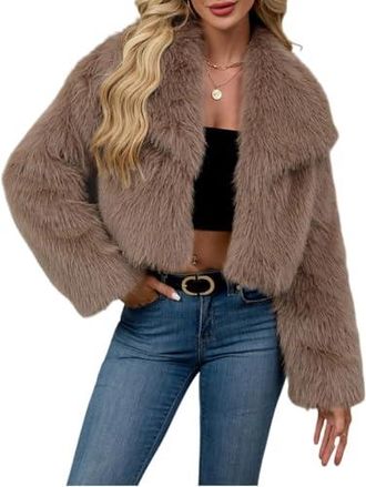 Generic Manteau court en fausse fourrure pour femme - Veste courte à manches longues - Style décontracté, b-kaki, S