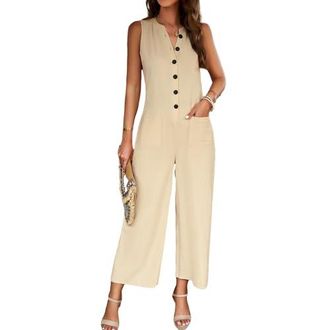 Generic Combinaison large pour femme, sans manches, élégante, boutonnée, tenue dété décontractée avec poches, kaki, XL