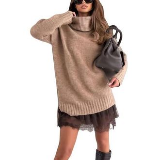 Generic Mini robe pull à col roulé pour femme avec ourlet à volants et bordure en dentelle élégante douce et décontractée, kaki, 3XL