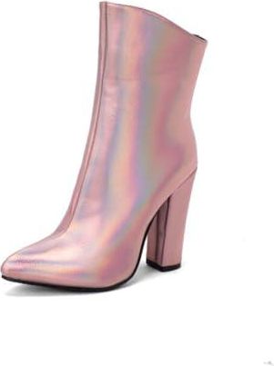 Generic Bottines pour Femmes Bout Pointu Talons carrés épais Cuir métallisé Brillant Fermeture éclair latérale Soirée Soirée Bal Chaussures habillées,Rose,36 