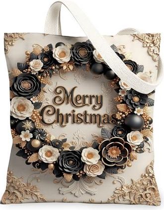 Generic Sacs fourre-tout en toile &agrave; motif floral de No&euml;l, sacs r&eacute;utilisables, l&eacute;gers et lavables en toile pour les voyages, noir, 13x15 Inch