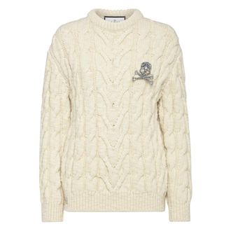 Philipp Plein Woll-Zopfmusterpullover mit Brosche - - Knitwear - Damen - Wei&szlig; - S