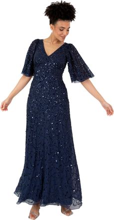 Maya Damen Womens Ladies Maxi Dress V-Neck Short Angel Sleeve Sequin Embellished A-line Bridesmaid Wedding Guest Prom Ball Gown Kleid, Navy Blue, 34 EU