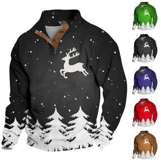 Generic Sweat de Noël amusant pour homme avec motif sapin de Noël et renne surdimensionné avec bouton 1/4 de bouton à manches longues - Costume de Noël tendan