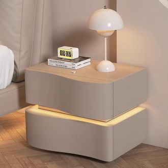 Generic Moderner Cremefarbener Nachttisch Mit LED-Licht, Nachttisch Mit 2 Schubladen for Schlafzimmer Und Wohnzimmer, Keine Montage Erforderlich(Khaki,45x40x5