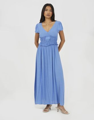 Brave Soul Robe longue fronc&eacute;e &agrave; la taille avec manches courtes - Bleu