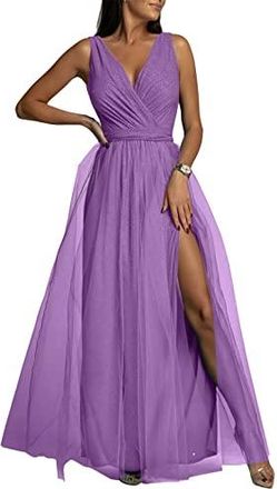 TOMWELL Robe de Cocktail Femme Élégante Col en V Longue Party Dress Sexy Chic Tulle à Paillettes A-Line Soirée Couleur Unie B Violet XXL