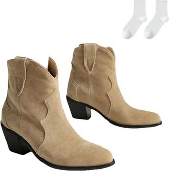 Generic Bottes Courtes Western Pour Femmes, Bottines Tendance Style Cowboy Imitation Daim, Bottes &Agrave; Enfiler Avec Tige Large Et Talon Carr&eacute;, Bottes Confortable