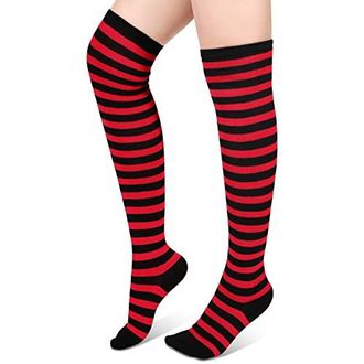 Blulu Chaussettes Hautes Longues Ray&eacute;es (Noir-Rouge, Fines Rayures)