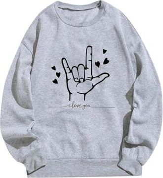 Generic Sweat-shirt &agrave; manches longues et col rond imprim&eacute; coeur I You pour femme, gris, XXL