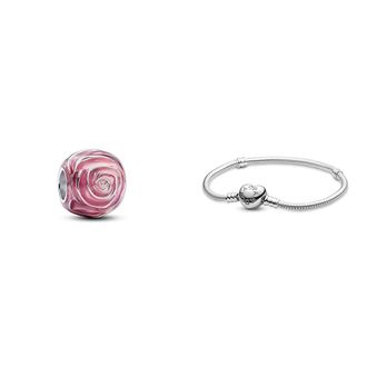 Pandora Moments Rosafarbene Bl&uuml;hende Rose Charm aus Sterling Silber, Kompatibel Moments Armb&auml;ndern, 793212C01 Moments Schlangen-Gliederarmband mit Herz-Versch