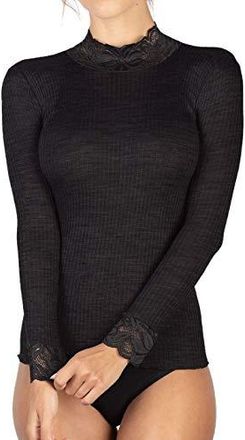 EGi Egi Maillot pour femme à manches longues en micro-laine côtelée avec cordon et poignets en dentelle, Noir, L-XL