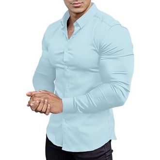 Generic Chemises musculaires pour homme - Grande taille - Chemise &agrave; manches longues boutonn&eacute;e - Col standard - T-shirt de gym formel uni urbain &eacute;l&eacute;gant - T-sh