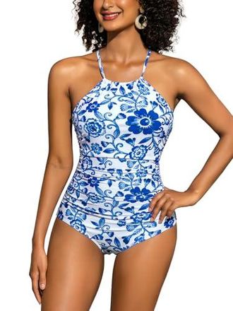 SHEKINI Maillot de Bain Femme 1 Pieces avec Bretelles R&eacute;glables Ventre Plat Sexy Swimsuit Vintage Imprim&eacute; Swimwear