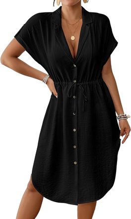 Bsubseach Frauen Sommer Badeanzug Cover Up f&uuml;r Bademode Button Down Short Sleeve Shirt Kleid mit Krawatte Taille Schwarz S