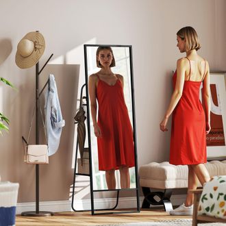 HOMCOM Ganzk&ouml;rperspiegel 157 x 50 cm Rechteckiger Standspiegel mit Regal, 2 Haken und Metallrahmen, Gro&szlig;er Spiegel, Ankleidespiegel f&uuml;r Schlafzimmer, Wohnzim