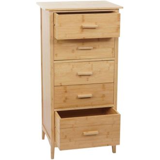 Mendler Commode en bambou HWC-M24, Armoire de salle de bains Armoire de salle de bains &Eacute;tag&egrave;re dappoint, 5 tiroirs, 100x50x40cm